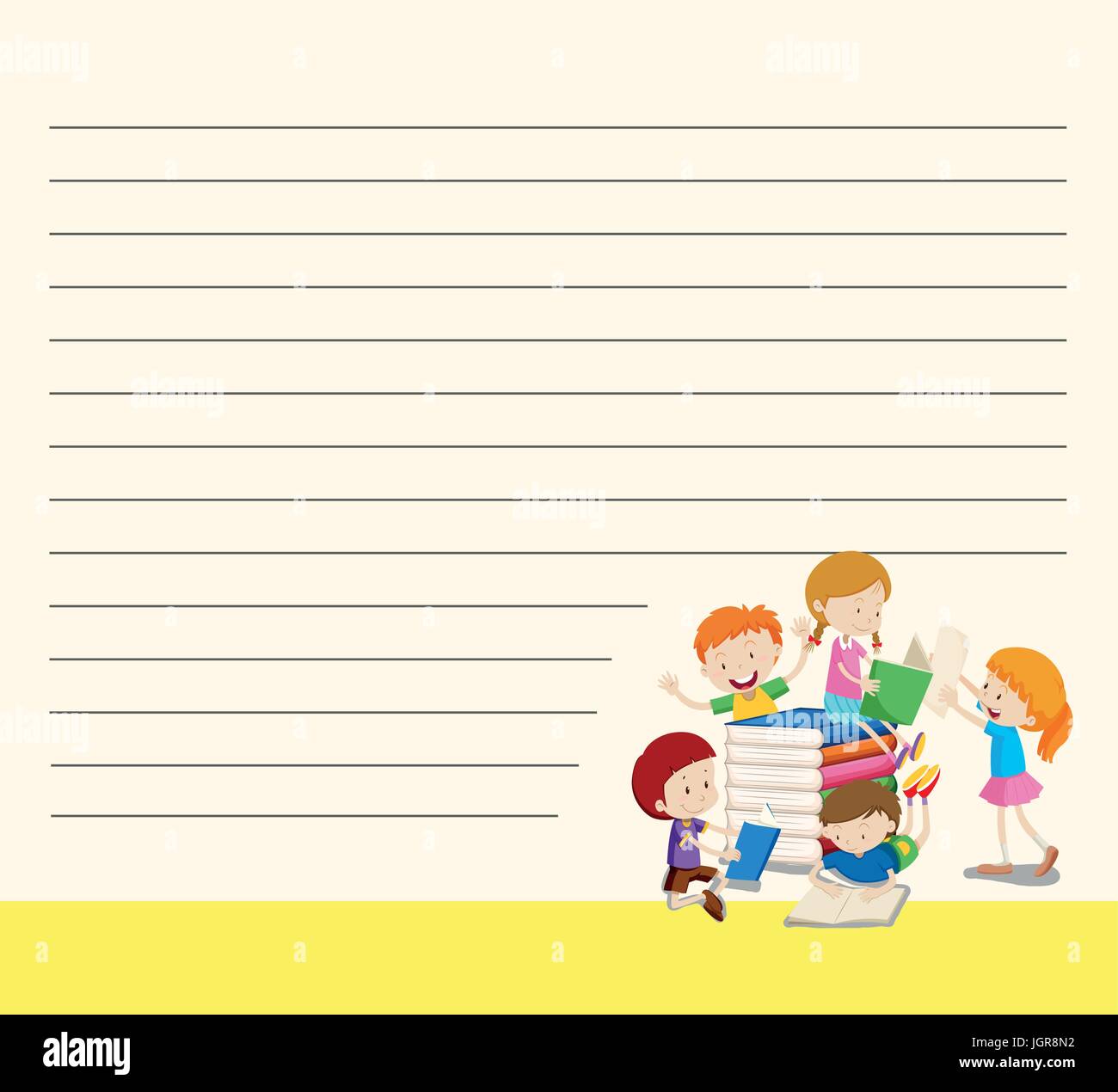 Line paper template with kids reading books illustration Stock Vector ...