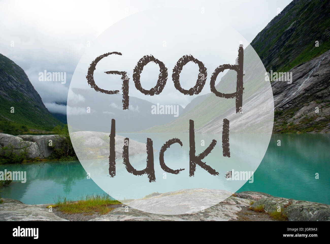 Lake With Mountains, Norway, Text Good Luck Stock Photo - Alamy