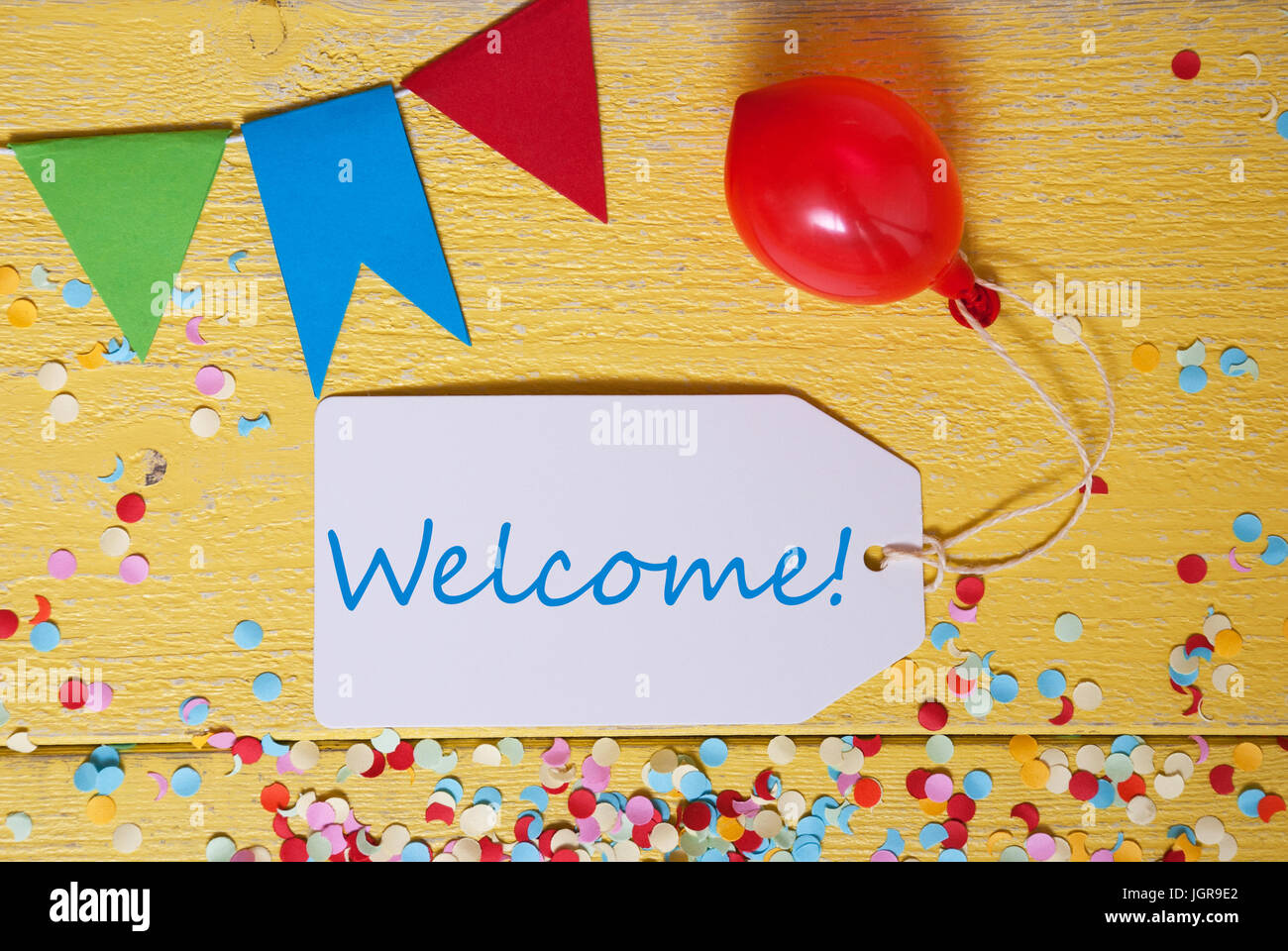 Party Label, Confetti, Balloon, Text Welcome Stock Photo - Alamy