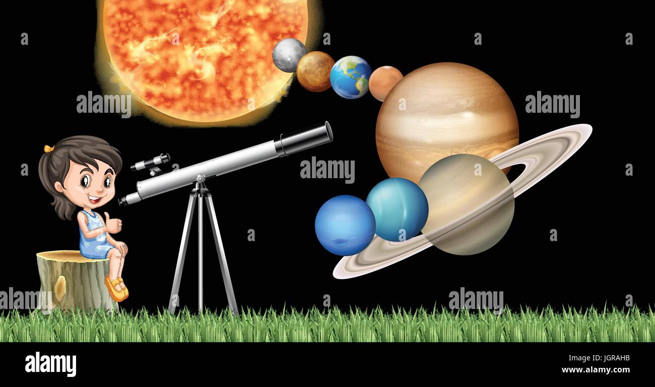 Girl with telescope learning solar system illustration Stock Vector ...
