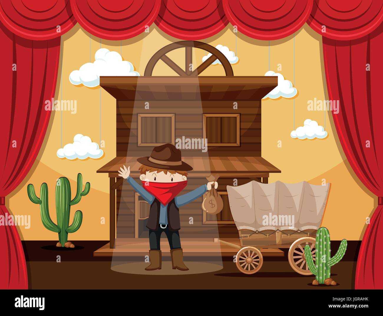 Boy acting on stage with cowboy scene illustration Stock Vector Image ...
