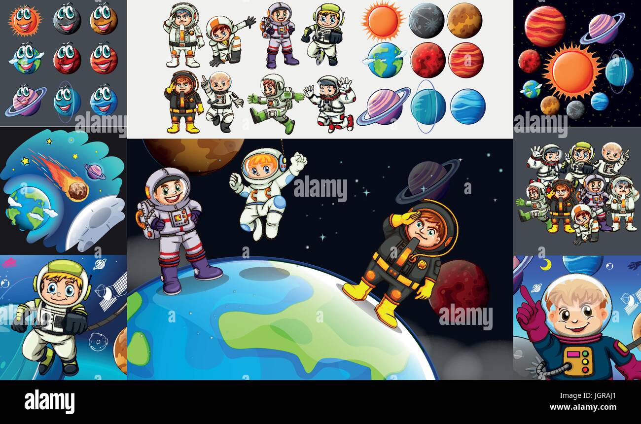 Astronauts and planets in solar system illustration Stock Vector Image ...