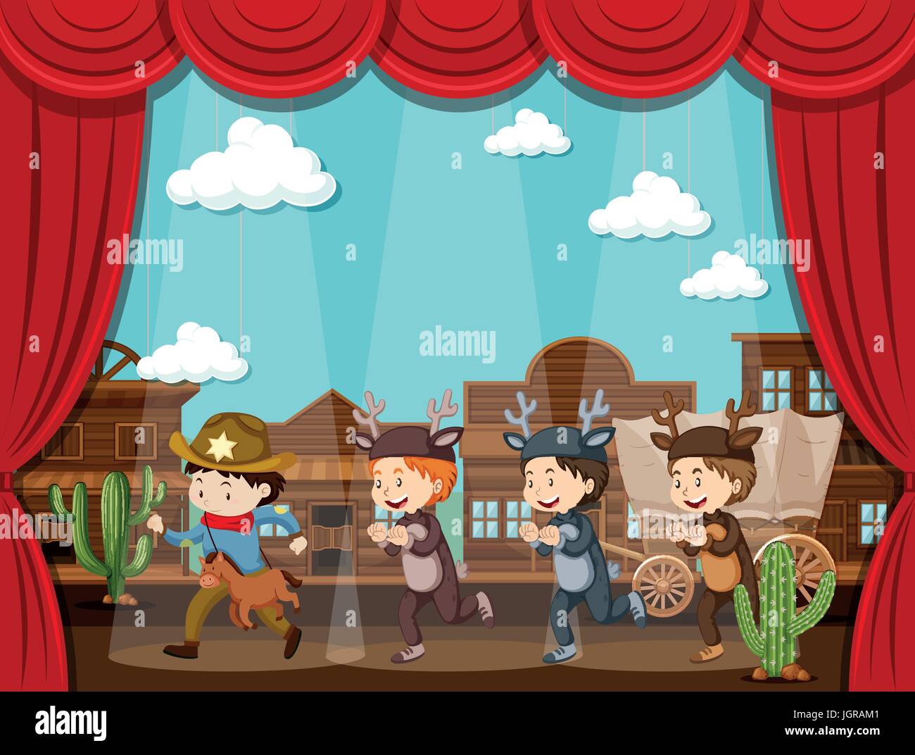 Cowboy and deer on stage play illustration Stock Vector Image & Art - Alamy