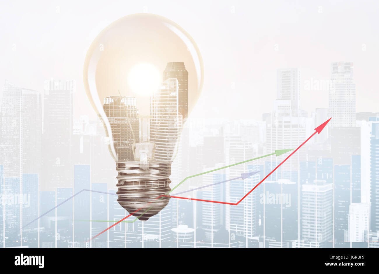 Business idea concept. Bulb with setting sun and charts, double ...