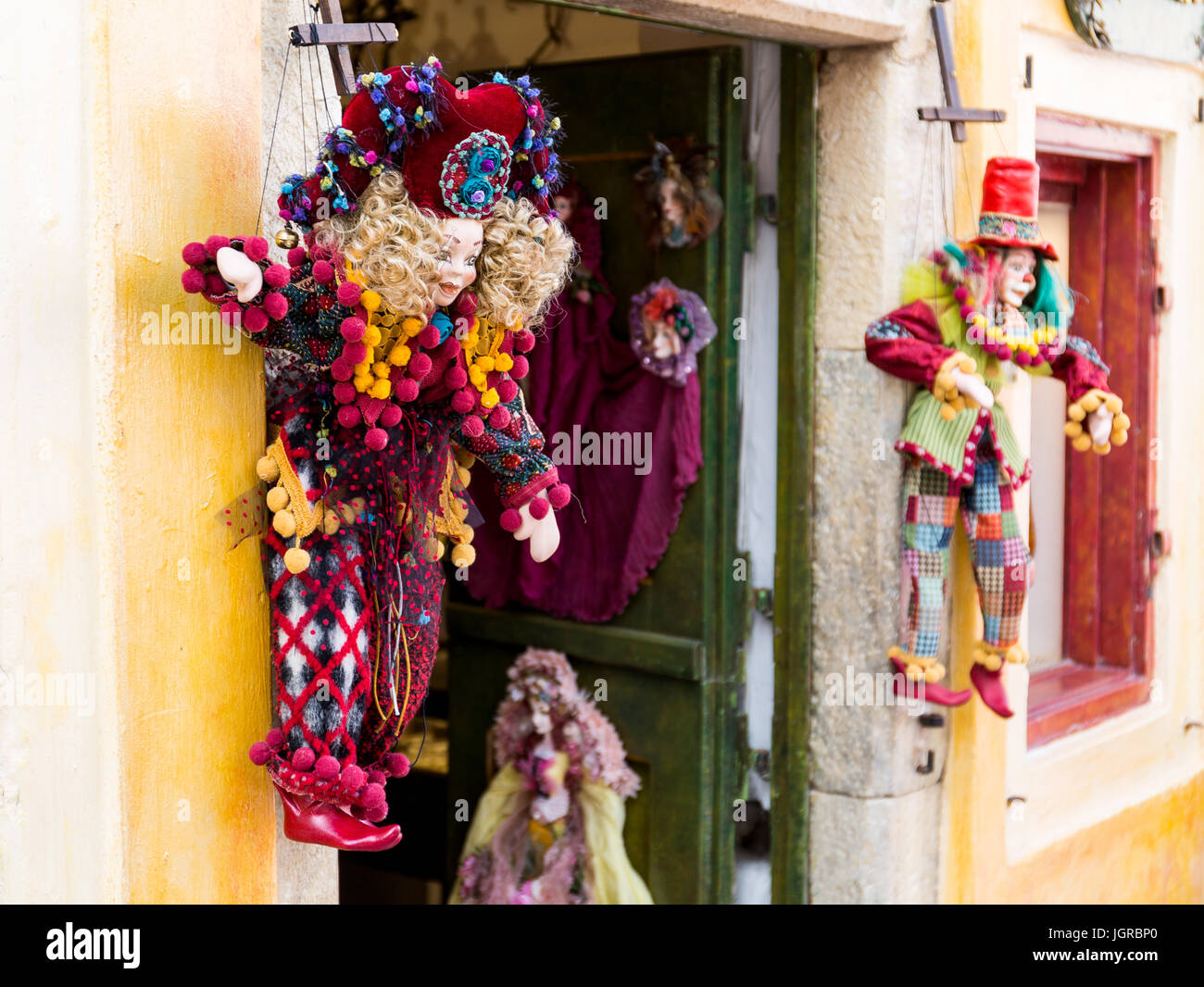 Marionette dolls outside arts and crafts shop, Oia, Santorini, Cyclades ...