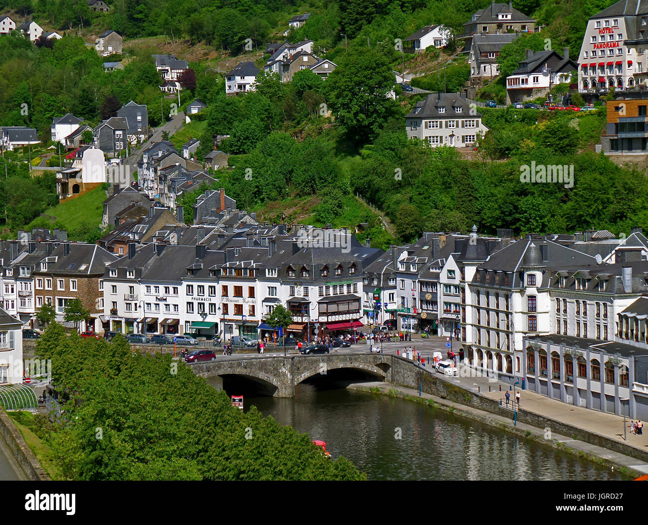 Beautiful townscape with the hillside village of Bouillon, an aerial ...