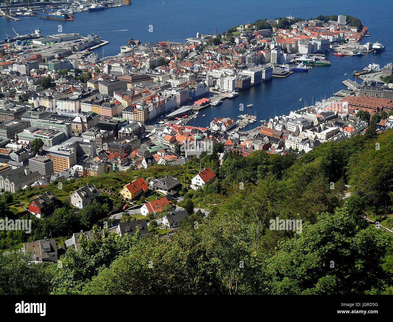 Impressive landscape of Bergen's harbor and the hillside residential ...