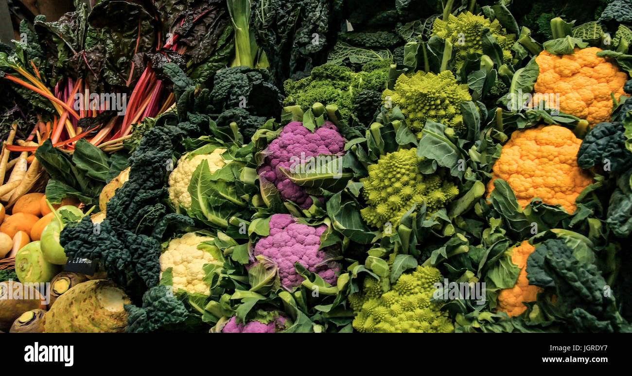 Panning display of different variety of winter vegetables at a food ...