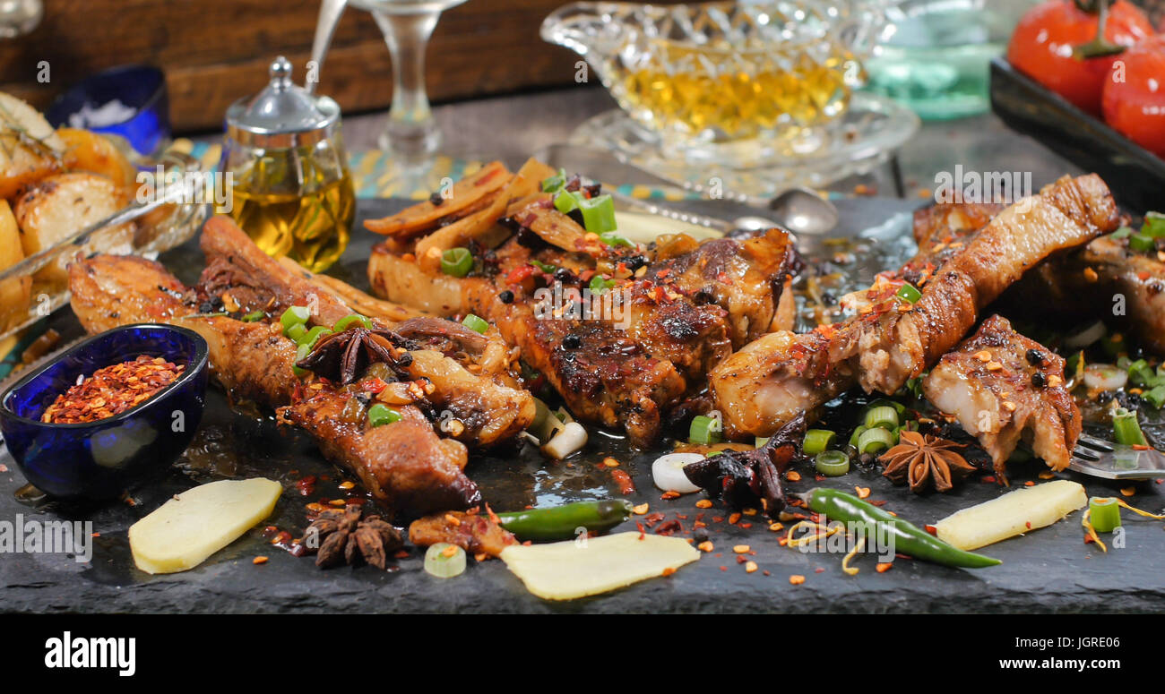 Close up view of delicious braised sticky king pork ribs Stock Photo ...
