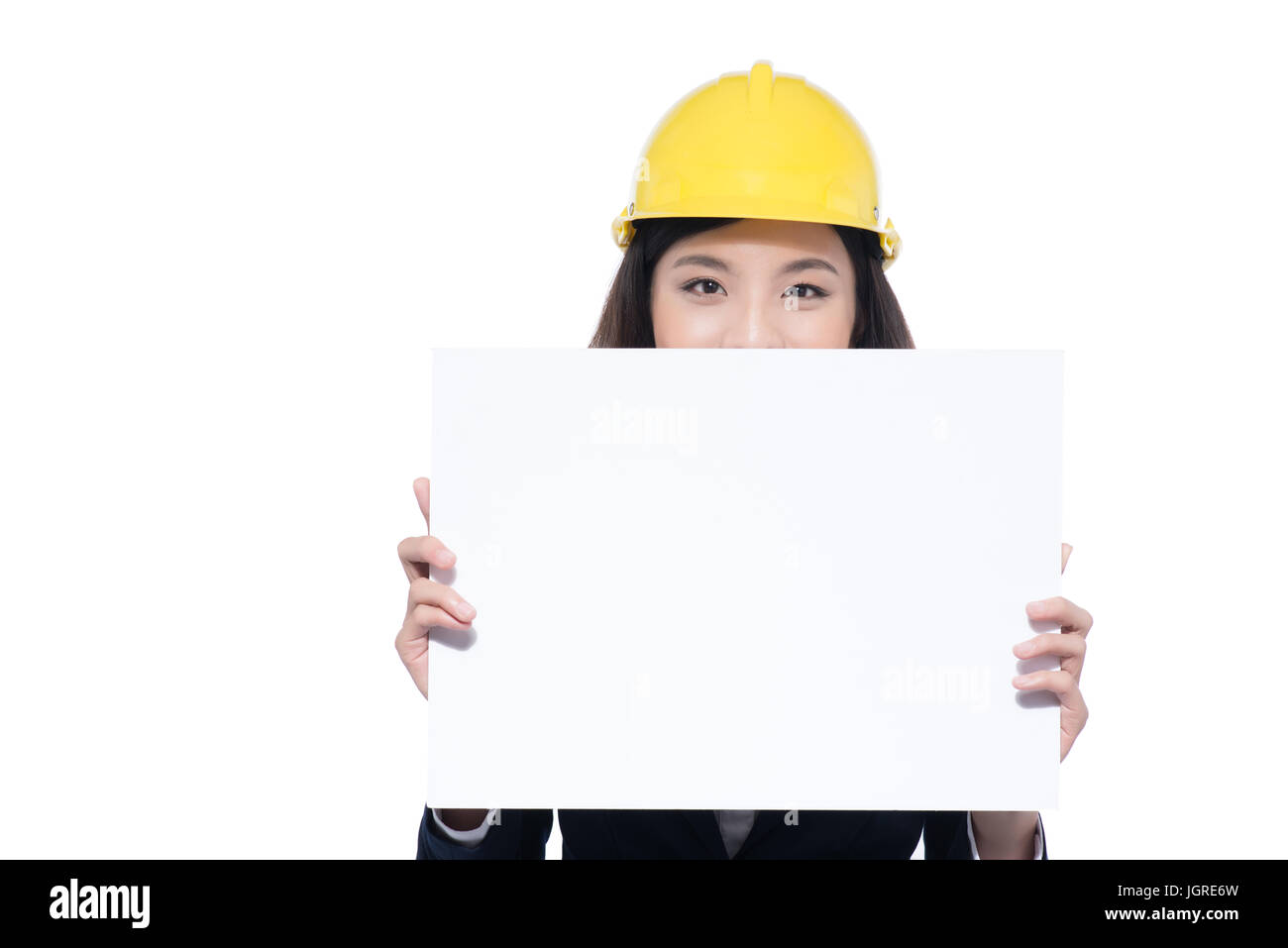 Smiling architect woman hold blank sign board. Isolated portrait Stock ...
