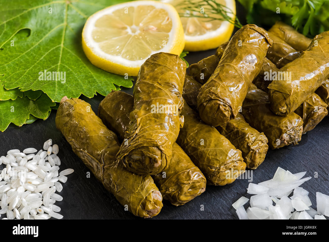 Delicious stuffed grape leaves (the traditional dolma of the ...