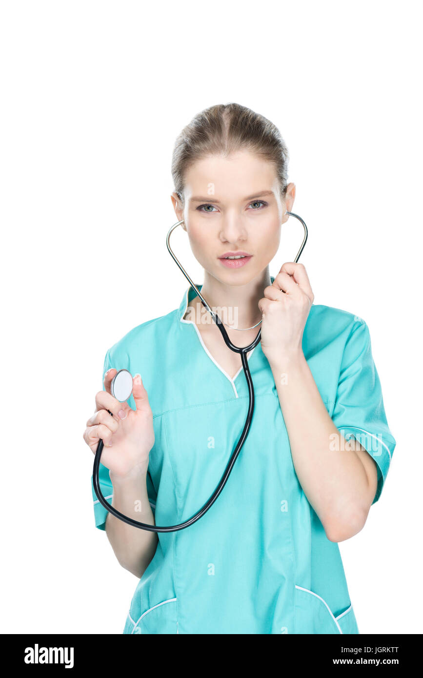Nurse using stethoscope on patient hi-res stock photography and images ...