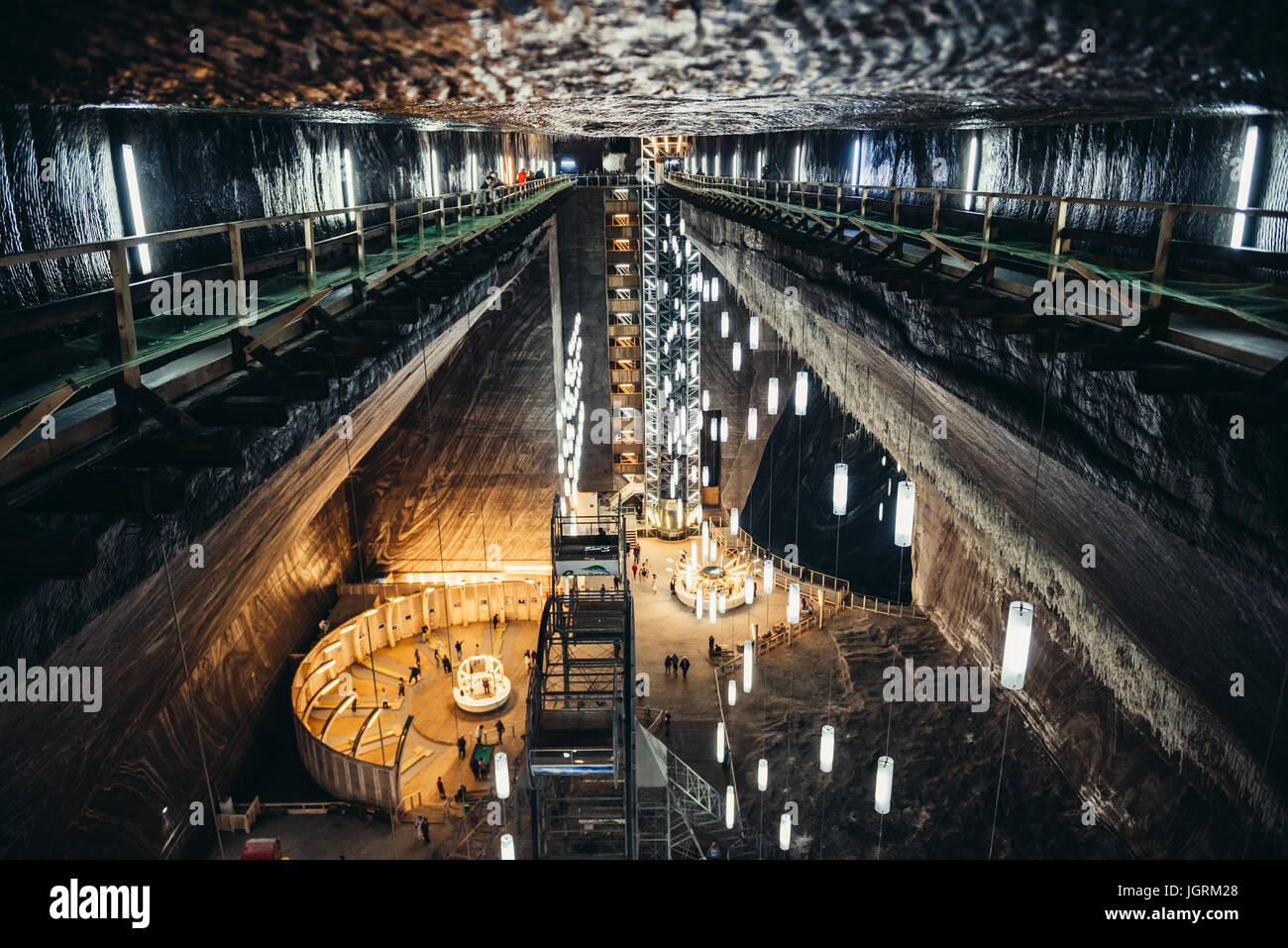 Aerial view of Rudolf mine hall of Salina Turda salt mine located in ...
