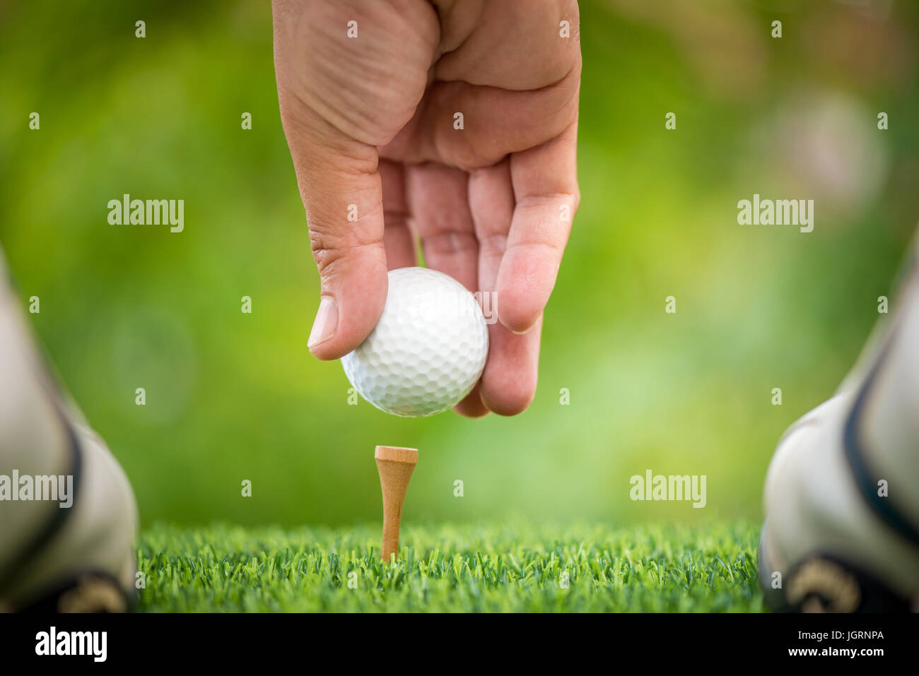golf players hand placing ball on tee Stock Photo - Alamy