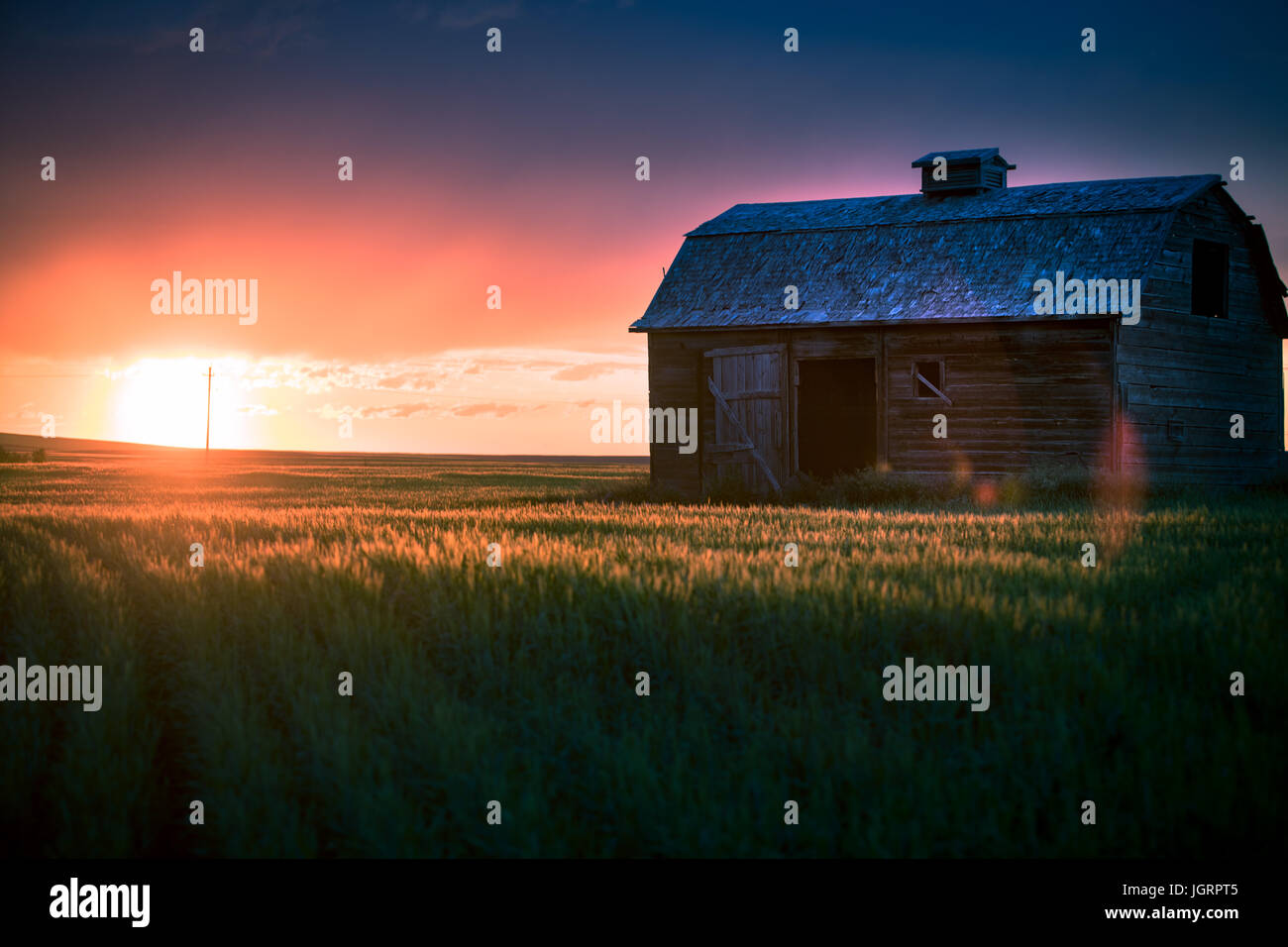 An old barn stands alone in the middle of the Alberta prairies from a ...