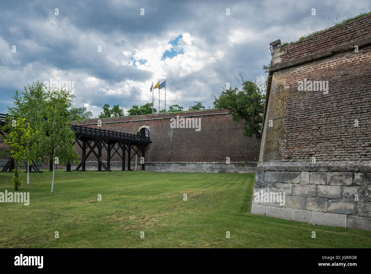 Fortified walls and wooden bridge of Alba Carolina Fortress in Alba Iulia city located in Alba ...