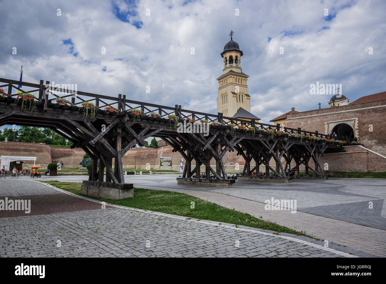 Alba Carolina Fortress of Alba Iulia city, Romania. View with bridge to Fourth Gate and bell ...