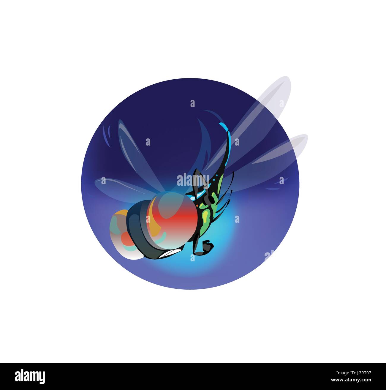 Digital vector funny comic cartoon big blue fly insect flying with ...