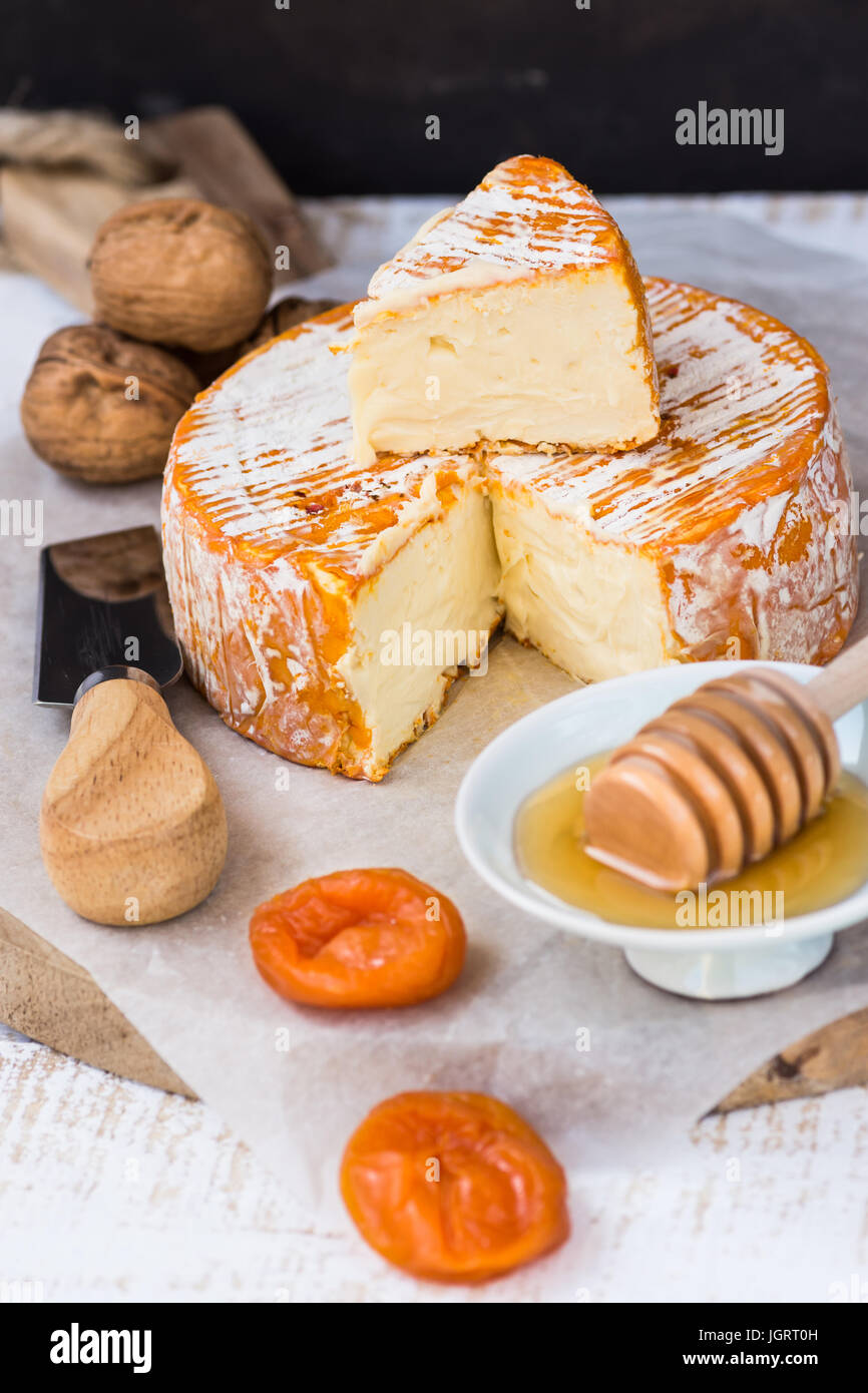 French or German soft cheese of camambert type with orange rind, honey ...