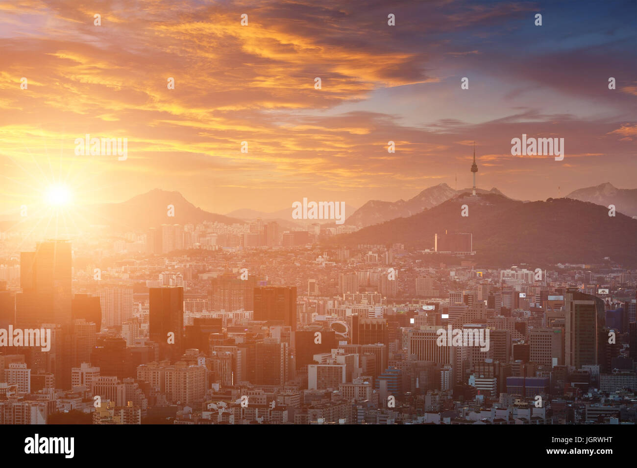 Seoul City in Beautiful sunset with Seoul Tower, South Korea Stock ...