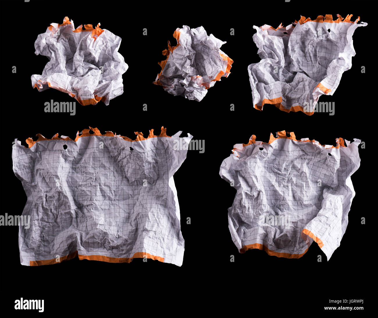Collection of Crumpled piece of white squared paper exercise book on ...