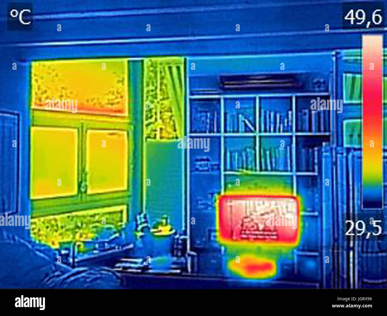 Infrared thermovision image showing, heated TV and a window in the ...