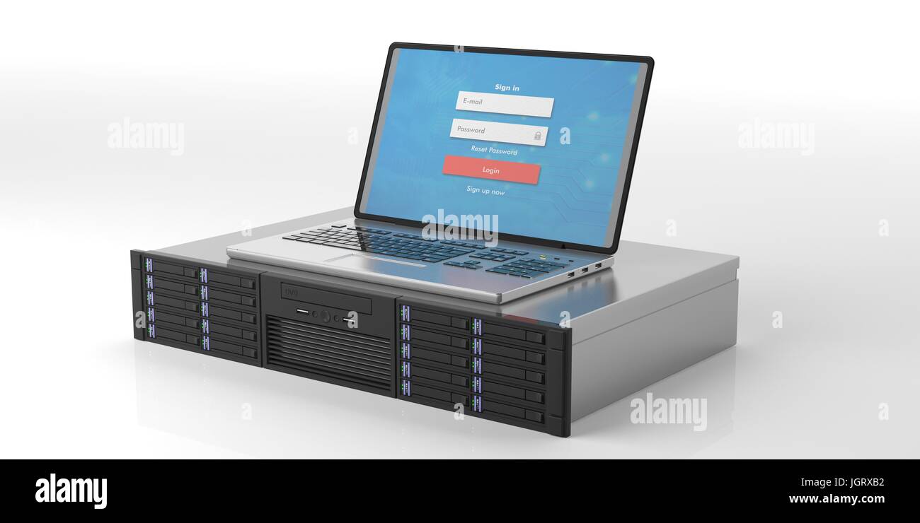 Computer server storage unit and laptop isolated on white background ...