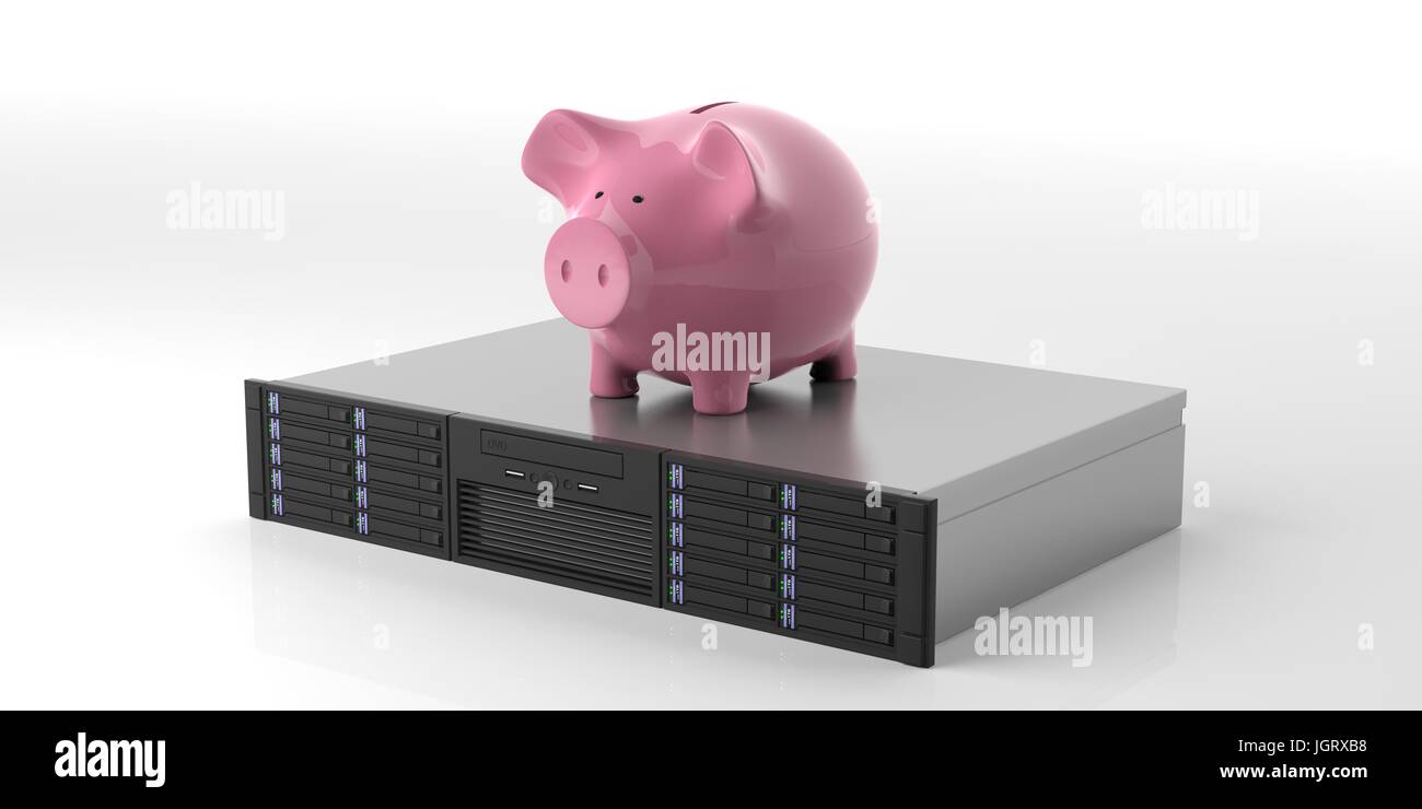 Computer server storage unit and a piggy bank isolated on white ...