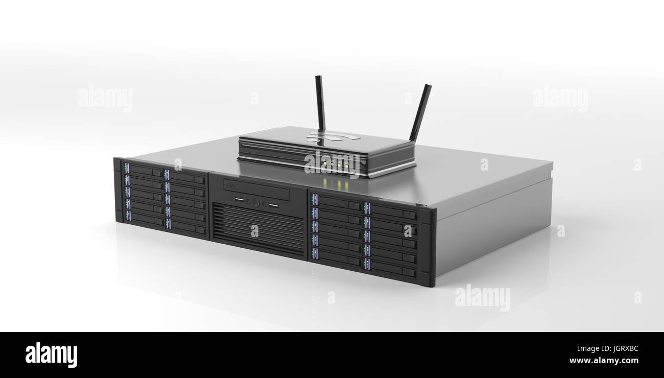 Computer server storage unit and wifi router isolated on white ...