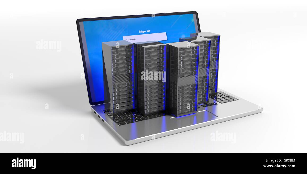 Computer server storage units and laptop isolated on white background ...