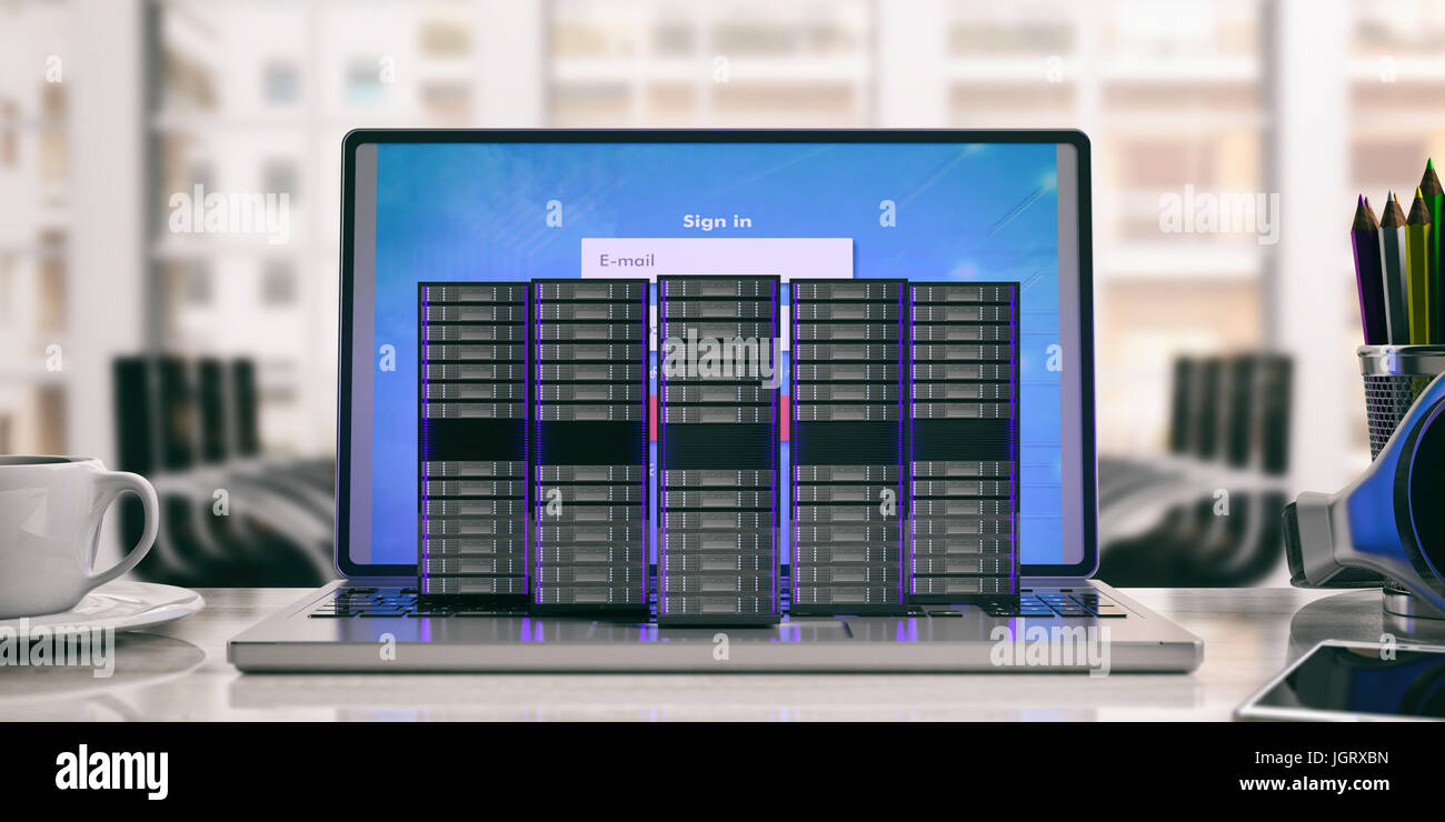 Computer server storage units and laptop isolated on office background ...
