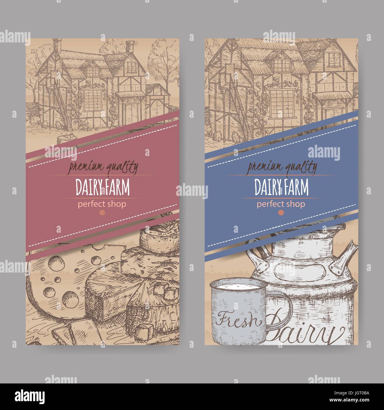 Two dairy farm shop labels with farmhouse, milk can, mug and cheese ...