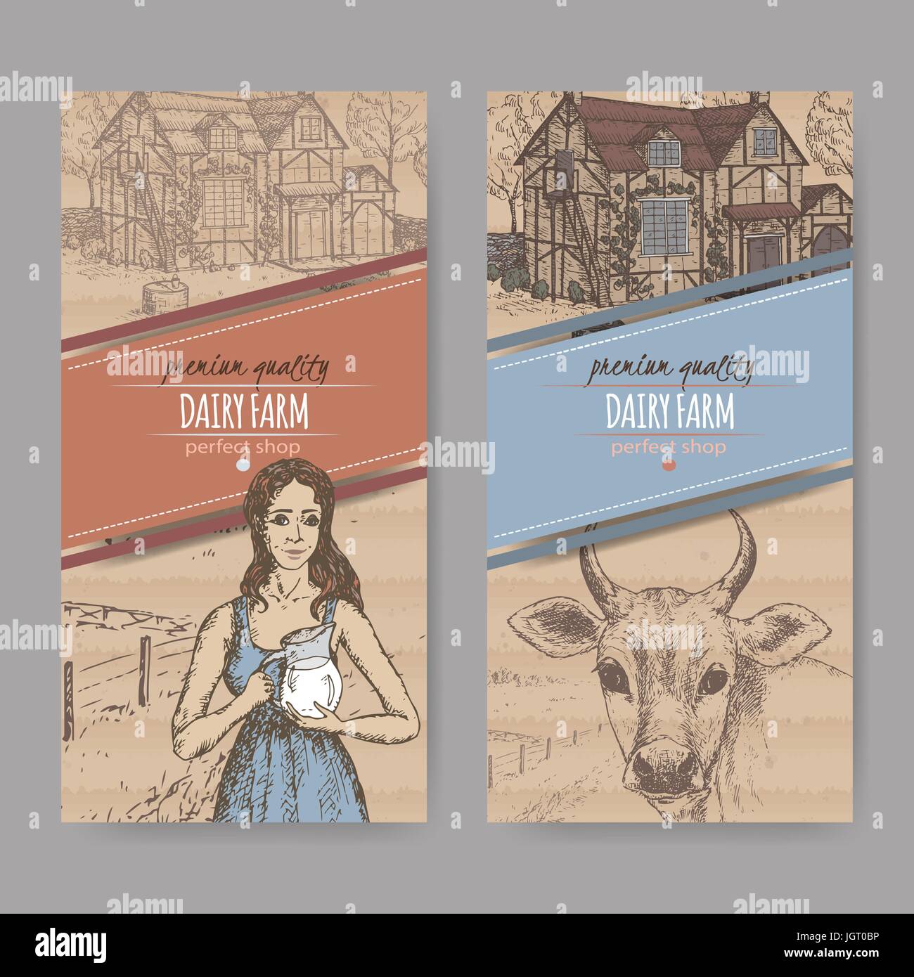 Two dairy farm shop labels with farmhouse, milkmaid and cow Stock ...
