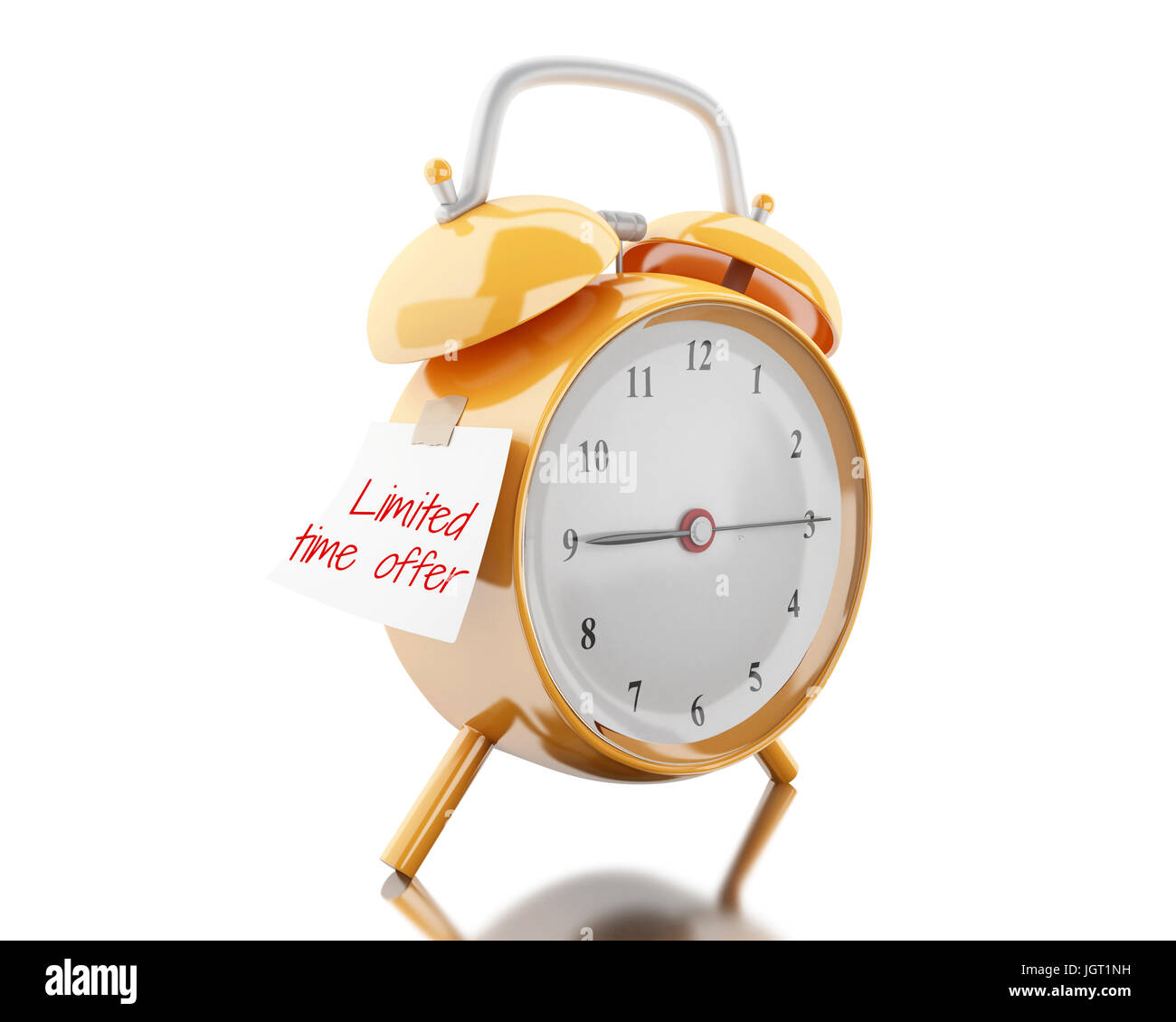 3d illustration. Alarm clock with sticky paper written "limited time ...