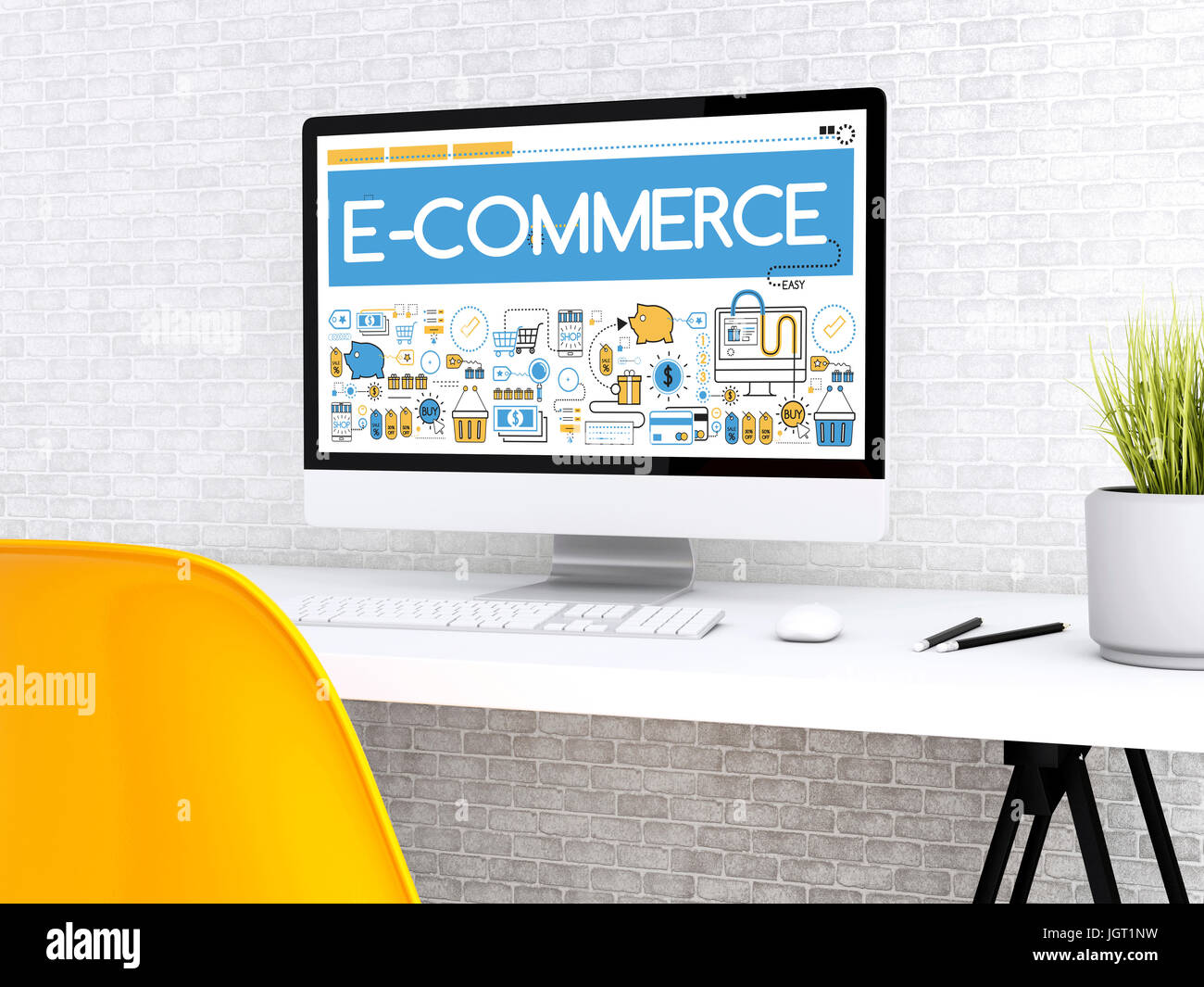 3D illustration. Modern workspace and computer with word E-COMMERCE ...