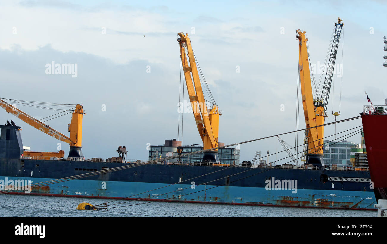 A large bulk carrier loaded with ship cranes. Ship in cargo port ...