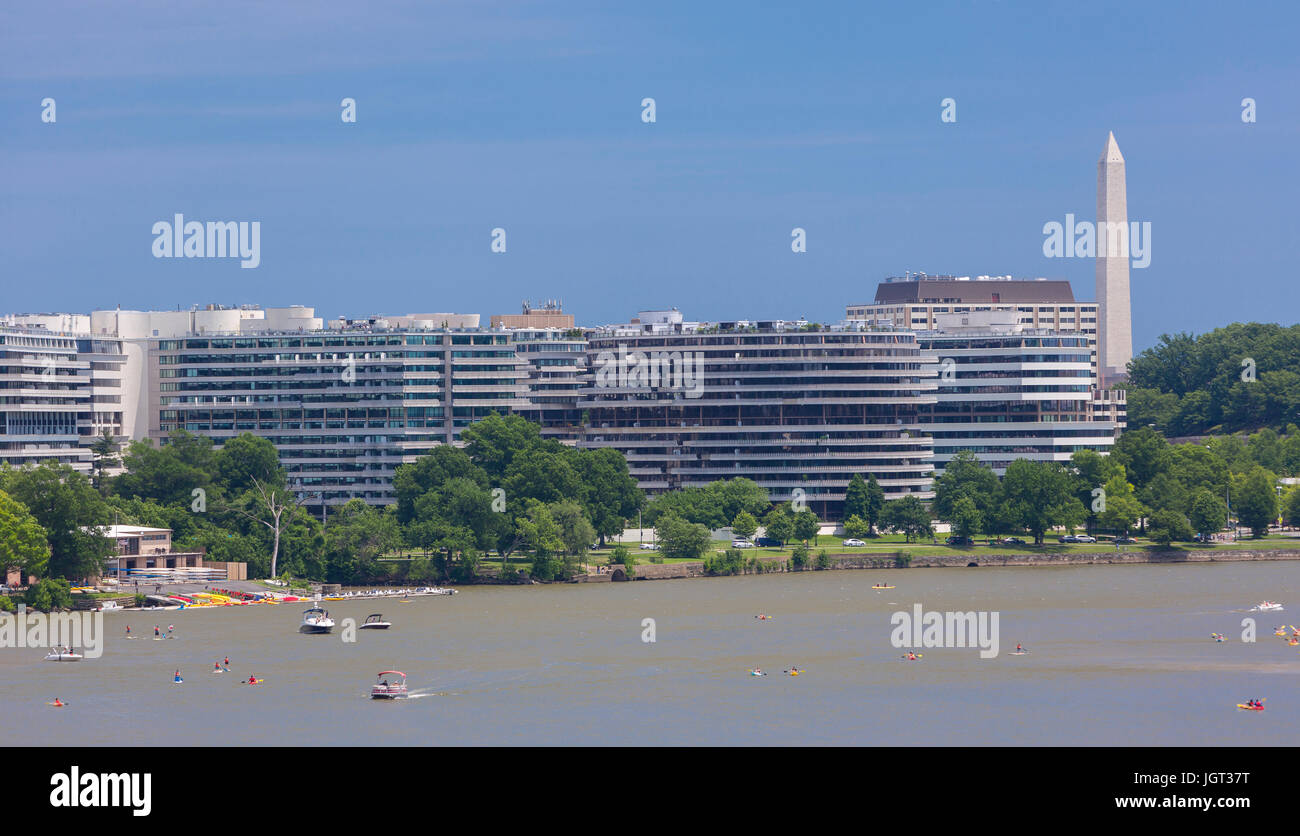 WASHINGTON, DC, USA - Watergate Complex and Washignton Monument, right ...