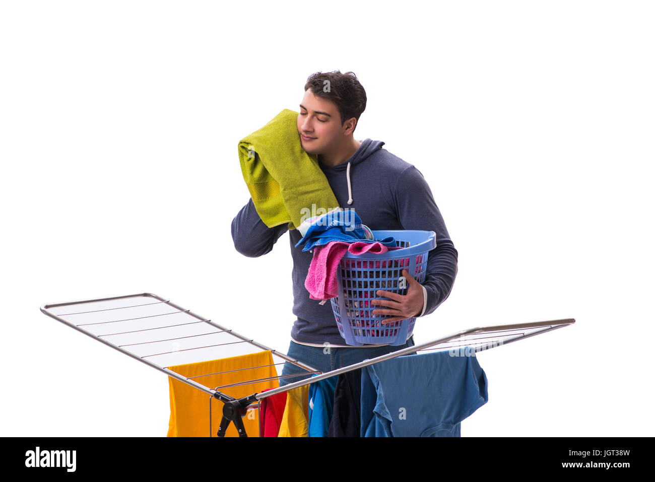 Husband man doing laundry isolated on white Stock Photo - Alamy