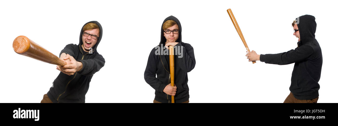 Aggressive man with baseball bat isolated on white Stock Photo - Alamy