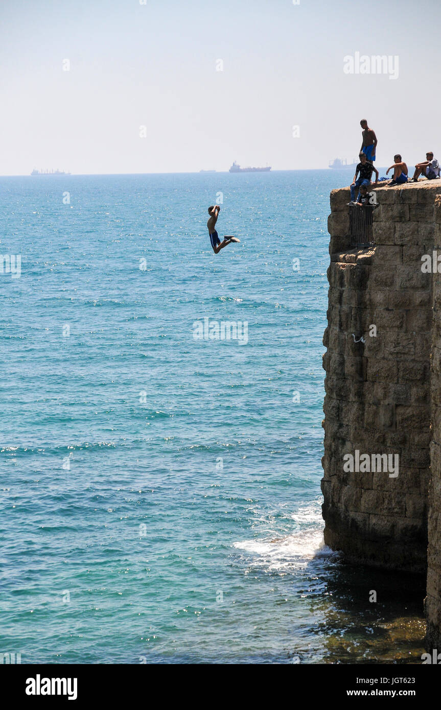 Israel, Acre, teen jumps off the walls of the old city into the ...
