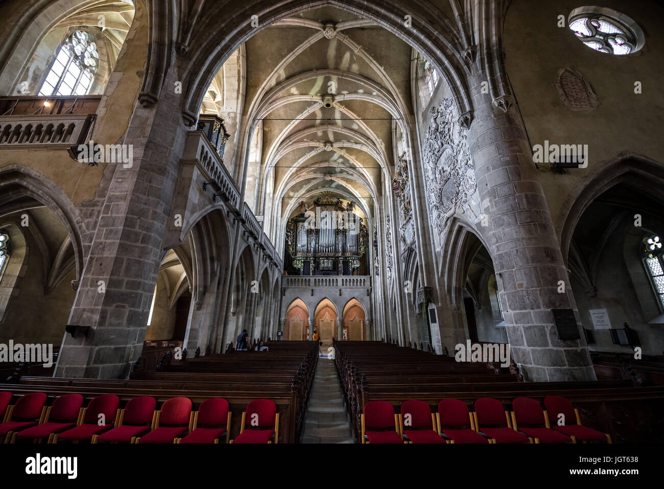 View of main nave and with pipe organ gothic style Lutheran Cathedral ...