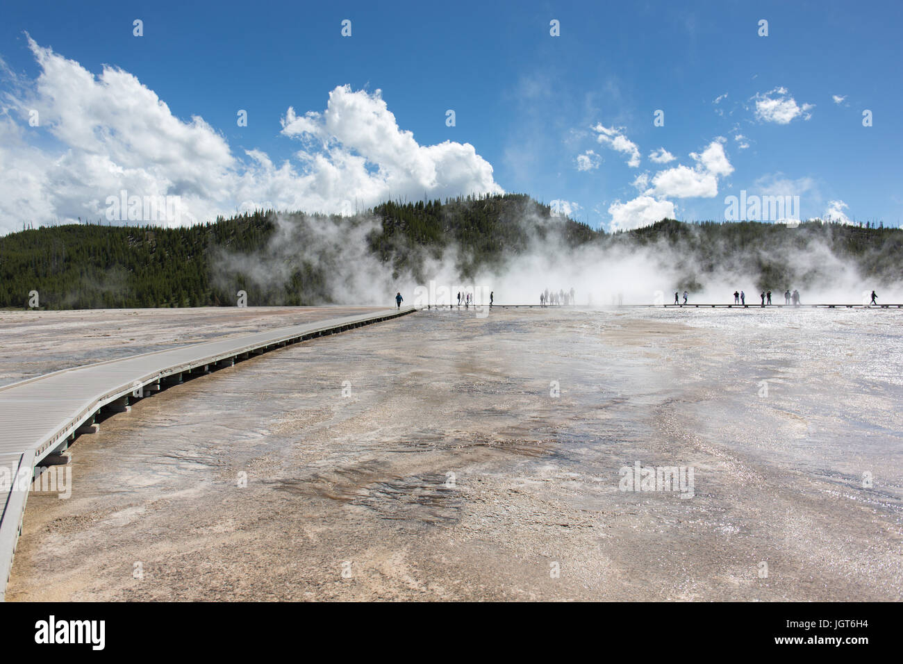 People on the boardwalk next to Grand Prismatic Spring, Midway Geyser ...