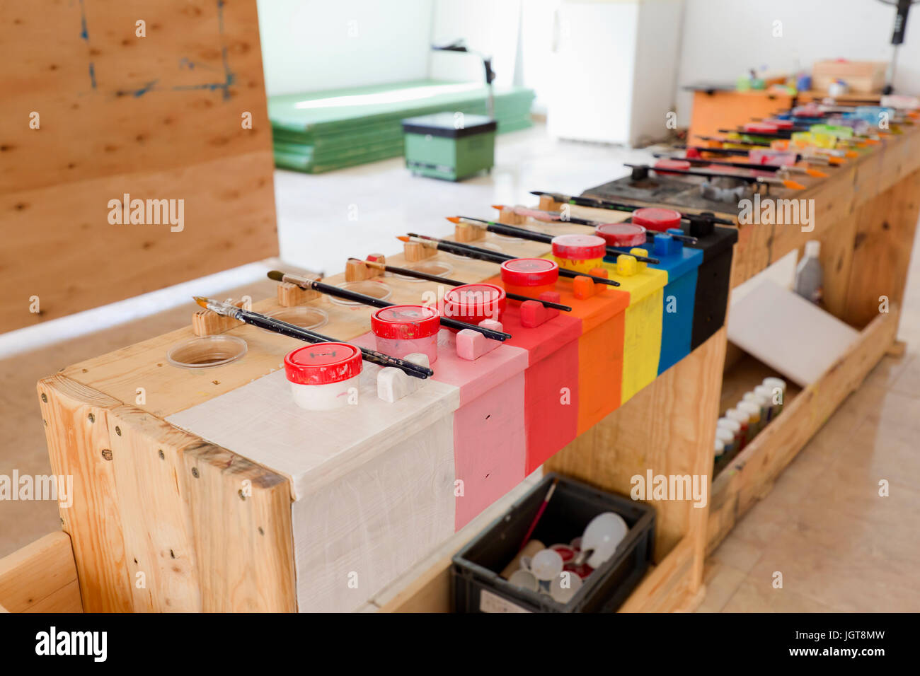 Details of an art room for children with multi-colored paint Stock ...