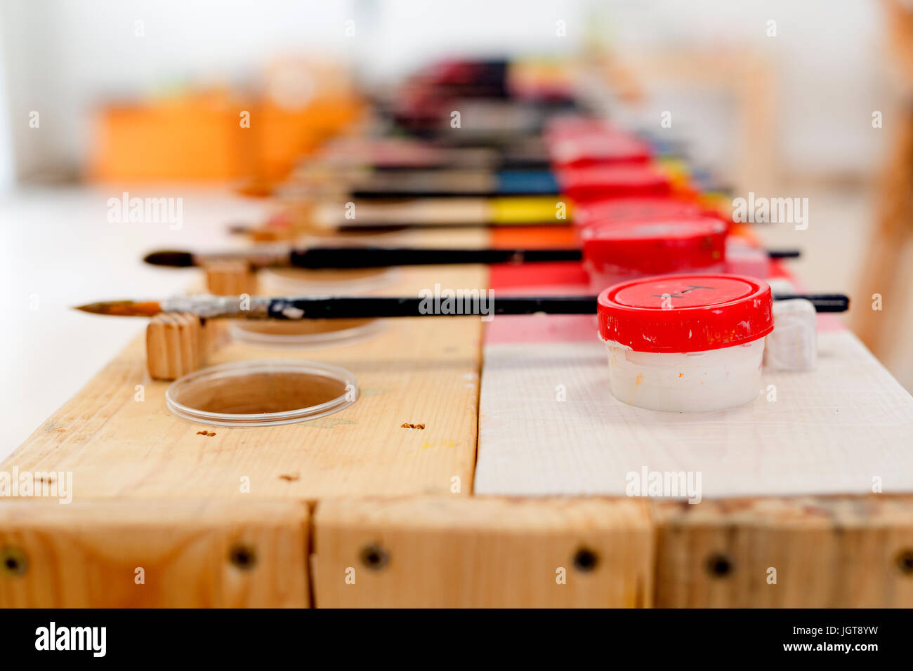 Details of an art room for children with multi-colored paint Stock ...