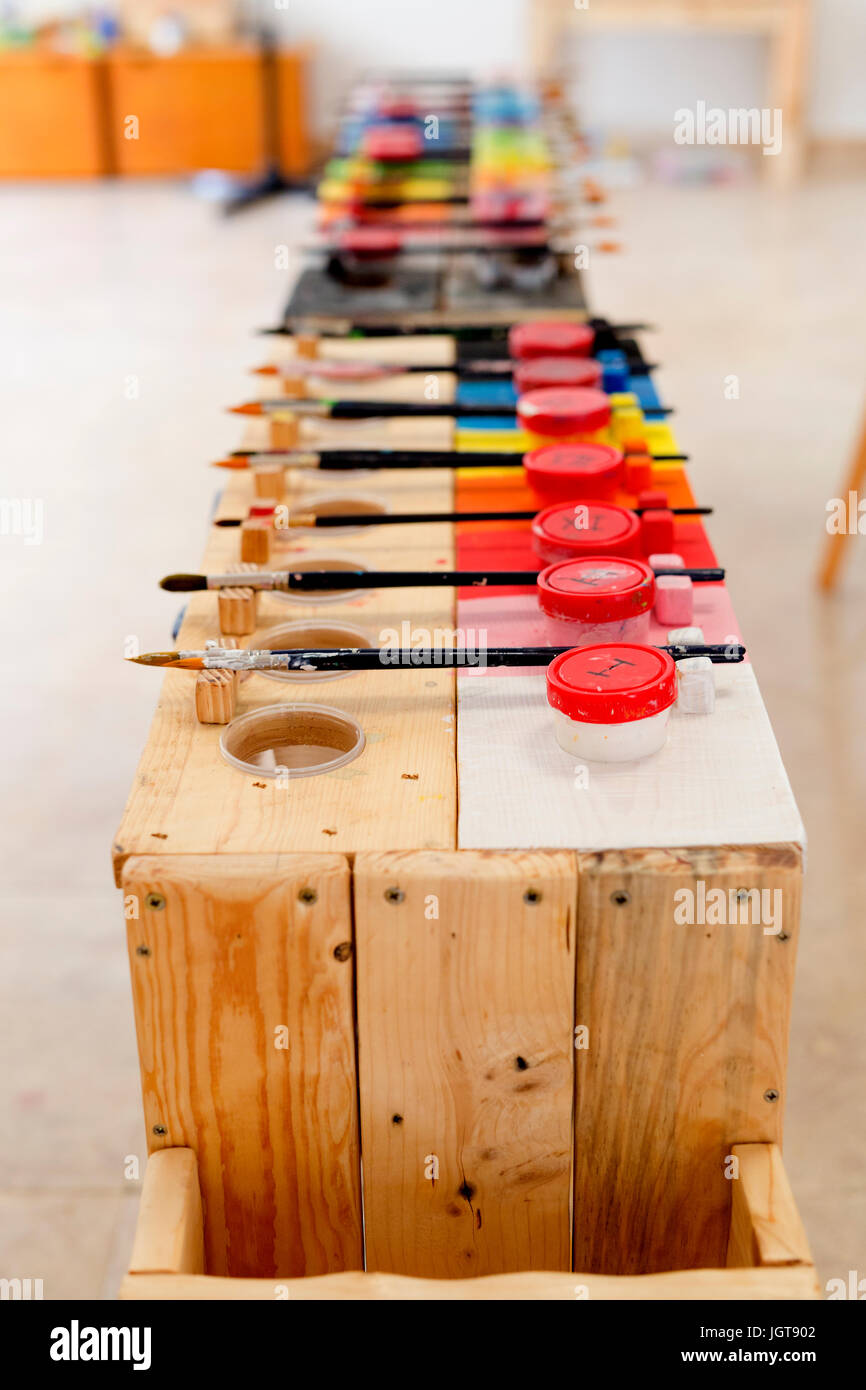 Details of an art room for children with multi-colored paint Stock ...