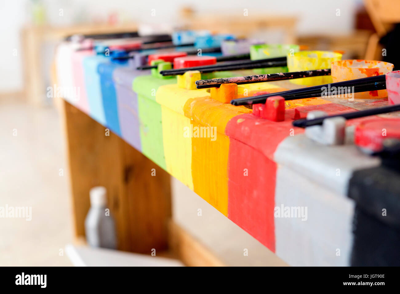 Details of an art room for children with multi-colored paint Stock ...