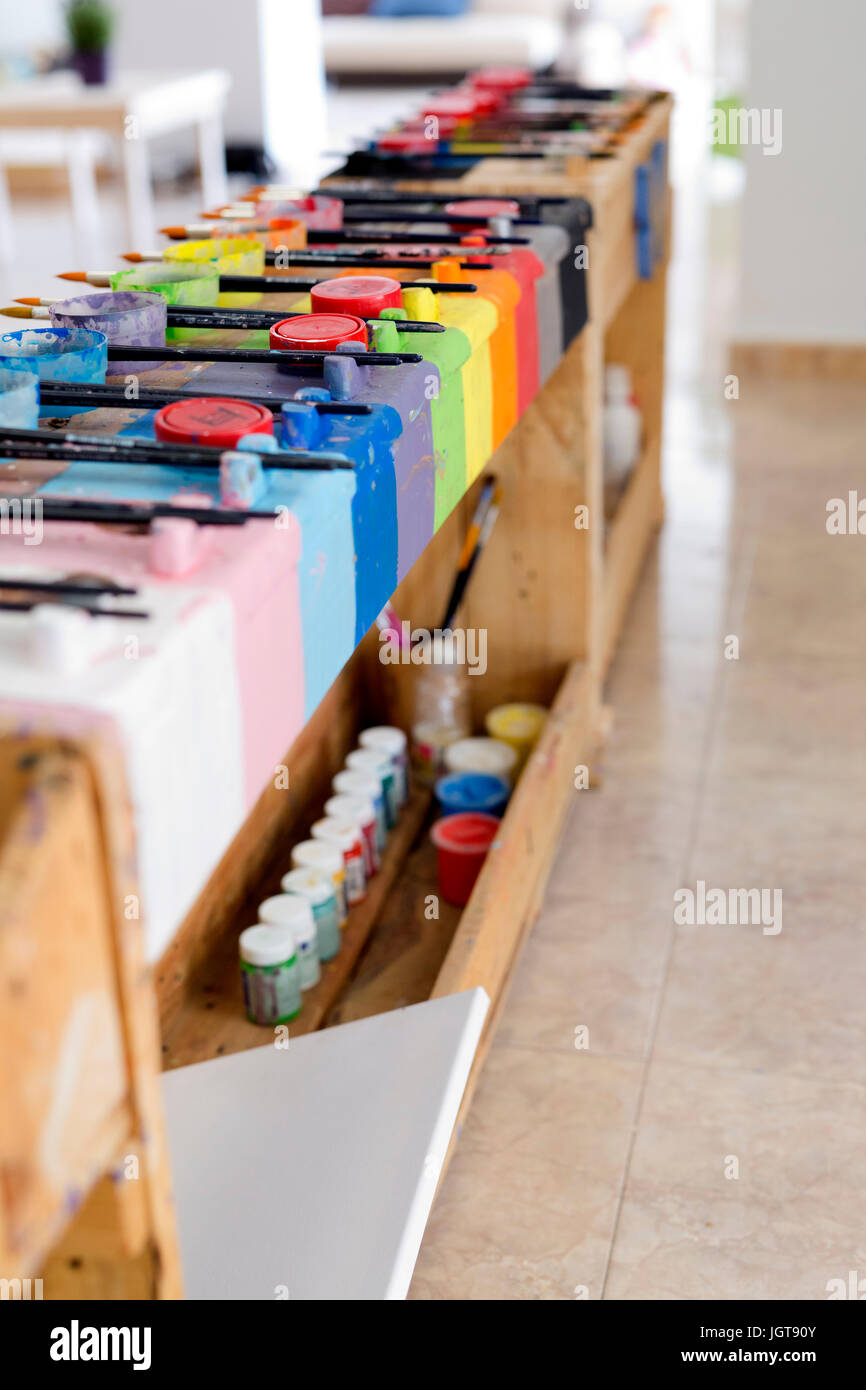 Details of an art room for children with multi-colored paint Stock ...