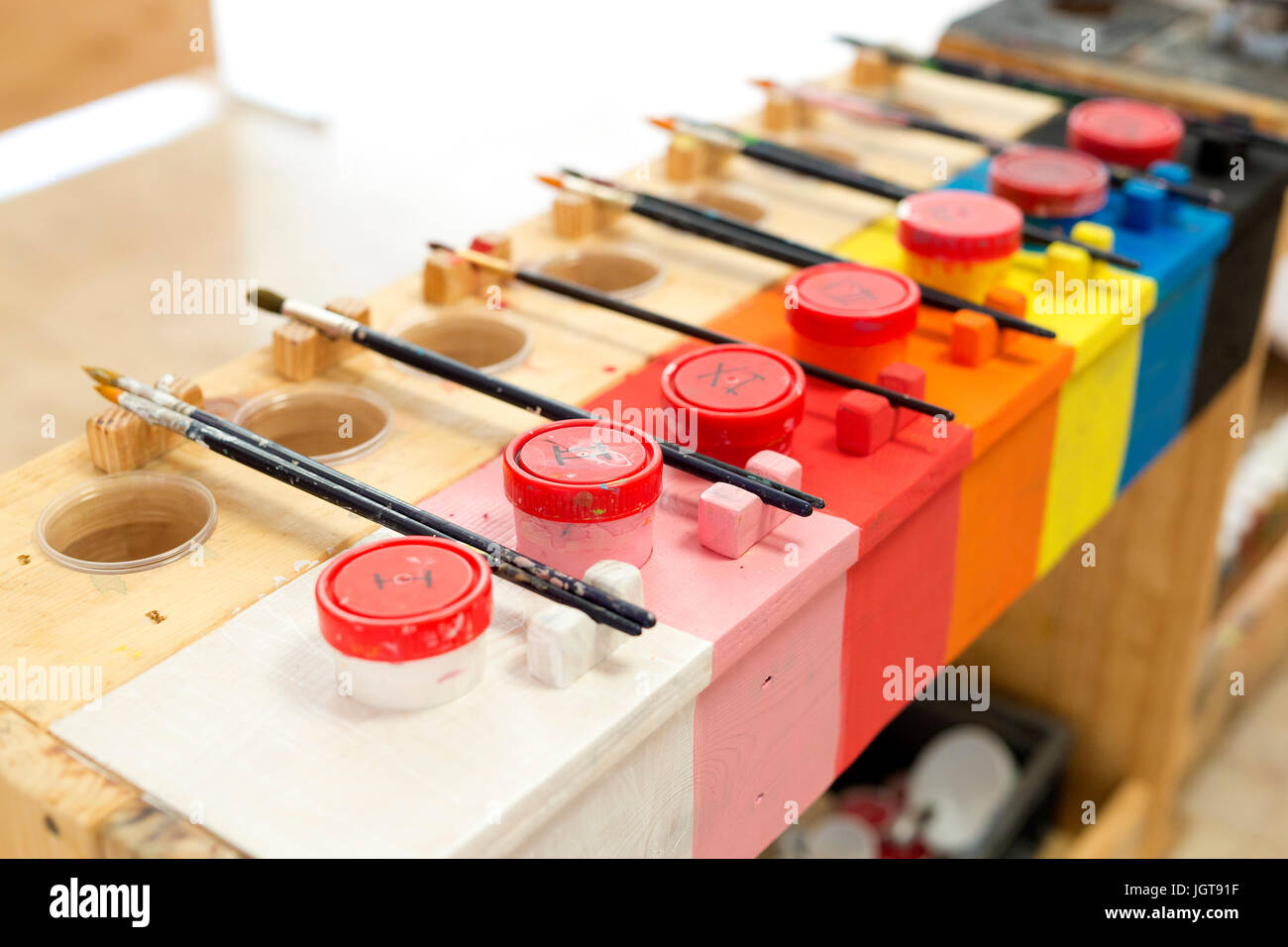 Details of an art room for children with multi-colored paint Stock ...