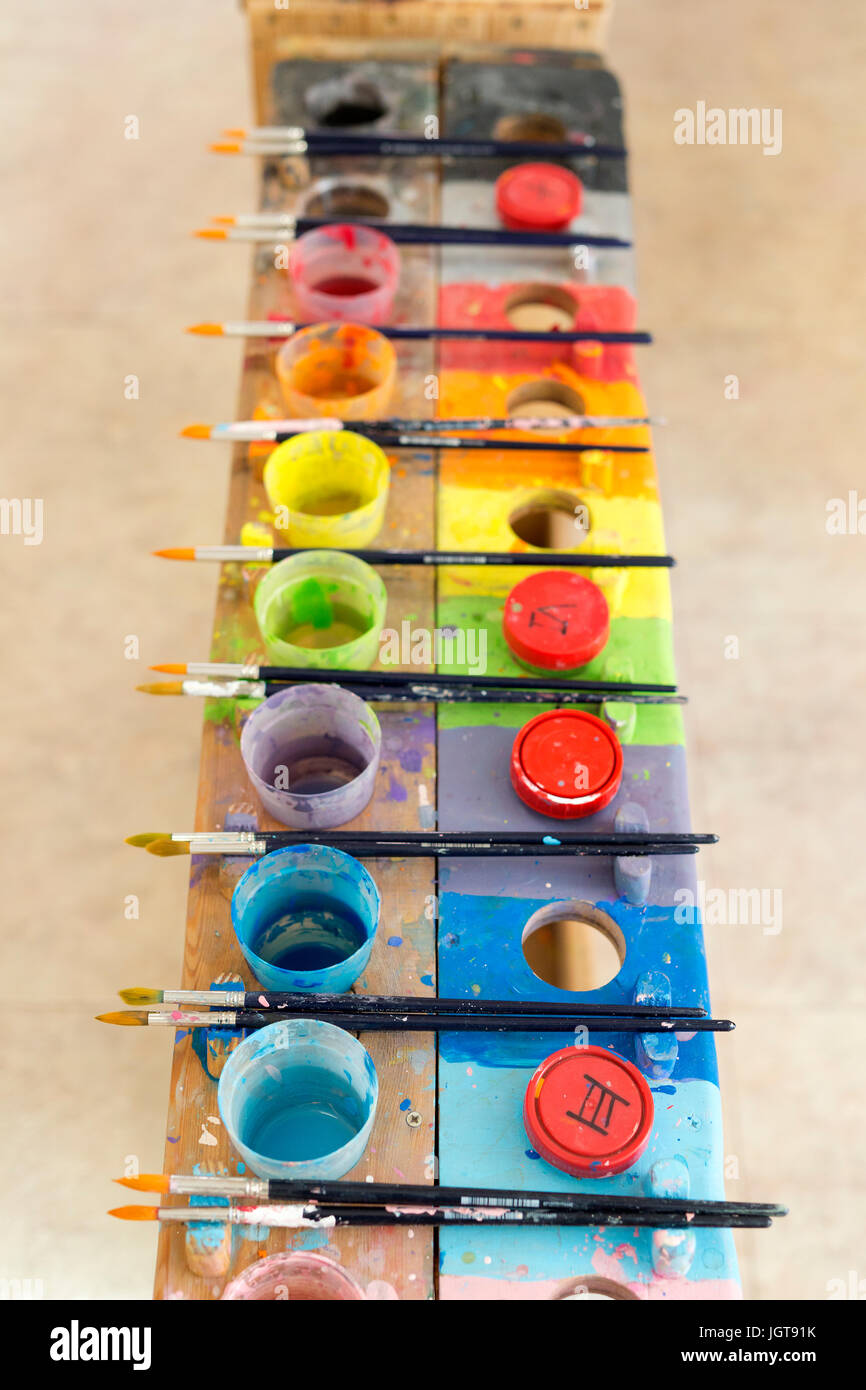 Details of an art room for children with multi-colored paint Stock ...