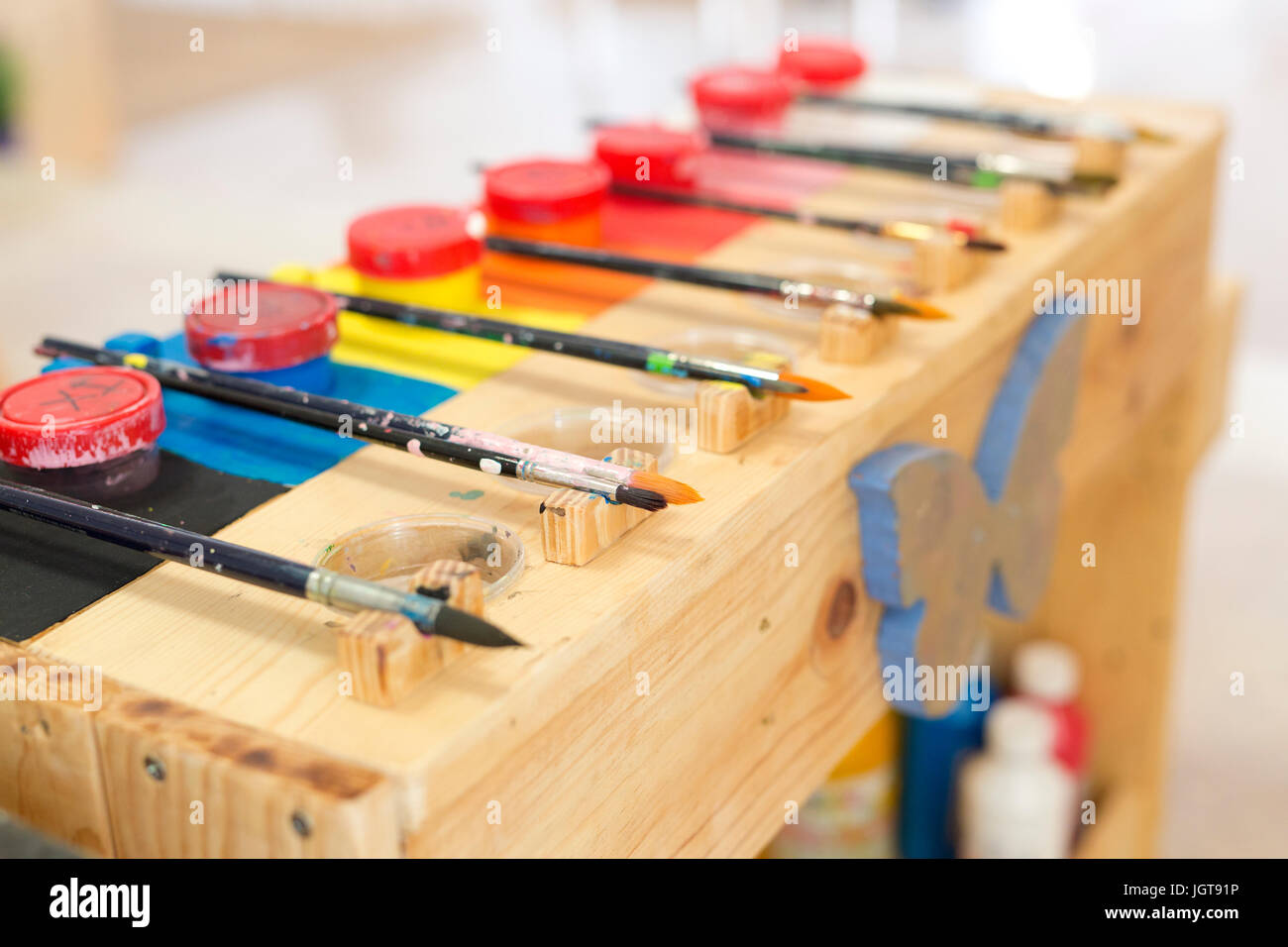 Details of an art room for children with multi-colored paint Stock ...